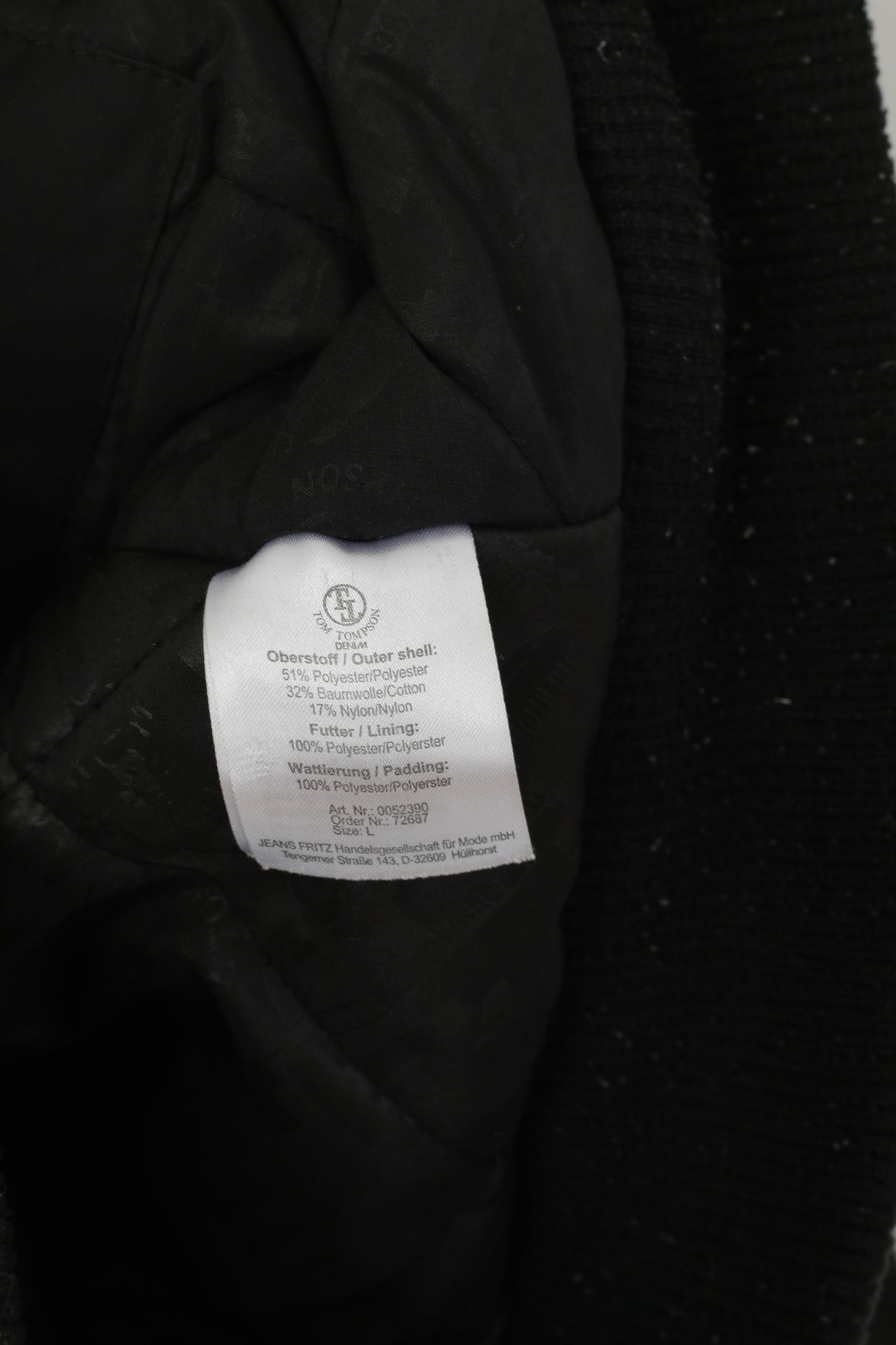 Tom Tompson Men L Jacket Black Bomber Padded Full Zipper Pocket Hooded ...